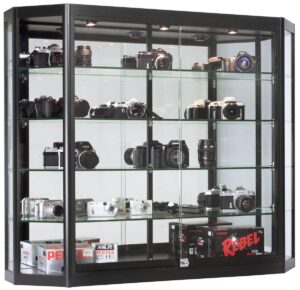 displays2go black glass wall hanging store case, aluminum, tempered glass shelves – black (wc4712ledb)