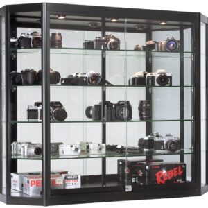 Displays2go Black Glass Wall Hanging Store Case, Aluminum, Tempered Glass Shelves – Black (WC4712LEDB)