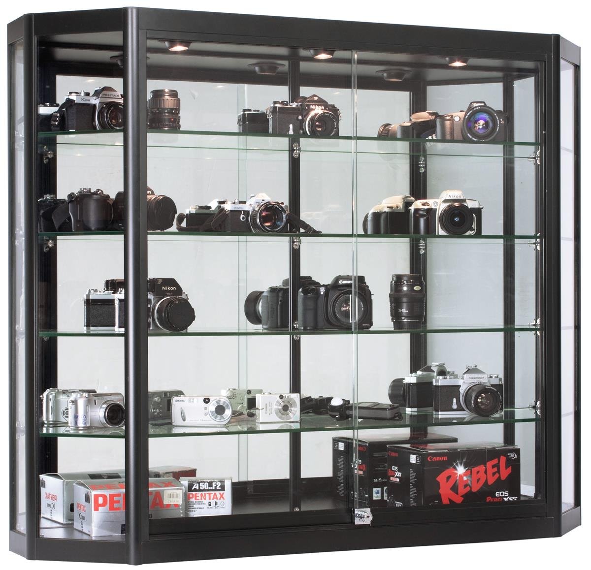 Displays2go Black Glass Wall Hanging Store Case, Aluminum, Tempered Glass Shelves – Black (WC4712LEDB)