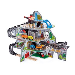 hape wooden railway mighty mountain mine railway playset| 4-level railway train track playset with crane and magnetic train cars for kids