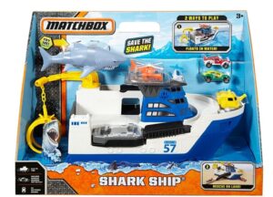 matchbox shark ship floats in water and rescue on land