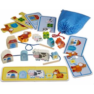 haba on the farm threading game with 10 chunky wooden lacing figures & 4 templates (made in germany)