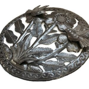 It's Cactus Small Floral Garden Decor, Wall Plaque, Hummingbirds and Flowers, Haitian Metal Art, 10 Inches Round