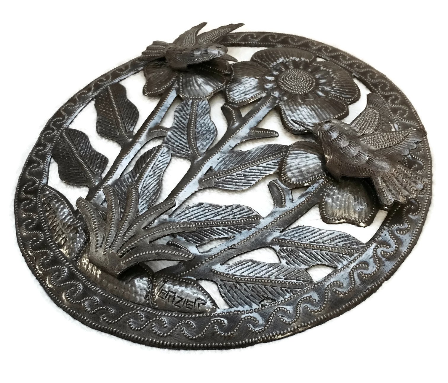 It's Cactus Small Floral Garden Decor, Wall Plaque, Hummingbirds and Flowers, Haitian Metal Art, 10 Inches Round