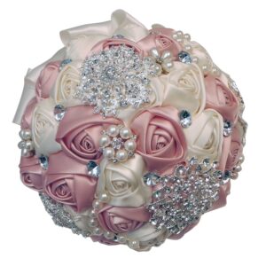 abbie home 8 inches bride wedding bouquet - satin roses with pearls rhinestone brooches accessories (blush pink & creamy white)