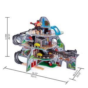 Hape Wooden Railway Mighty Mountain Mine Railway Playset| 4-Level Railway Train Track Playset with Crane and Magnetic Train Cars for Kids