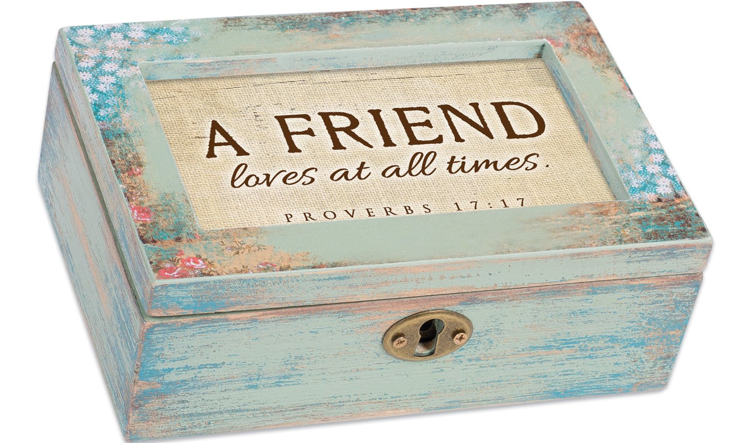 Cottage Garden A Friend Loves at All Times Distressed Wood Jewelry Music Box Plays Tune We Have a Friend in Jesus