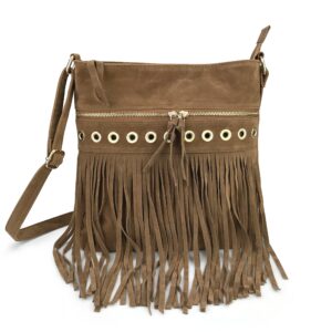 hoxis studded tassel zipper pocket faux suede leather cross body bag womens purse (brown)