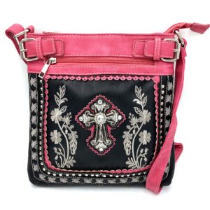 justin west floral autumn leaf embroidery rhinestone conceal carry handbag wallet (black messenger)