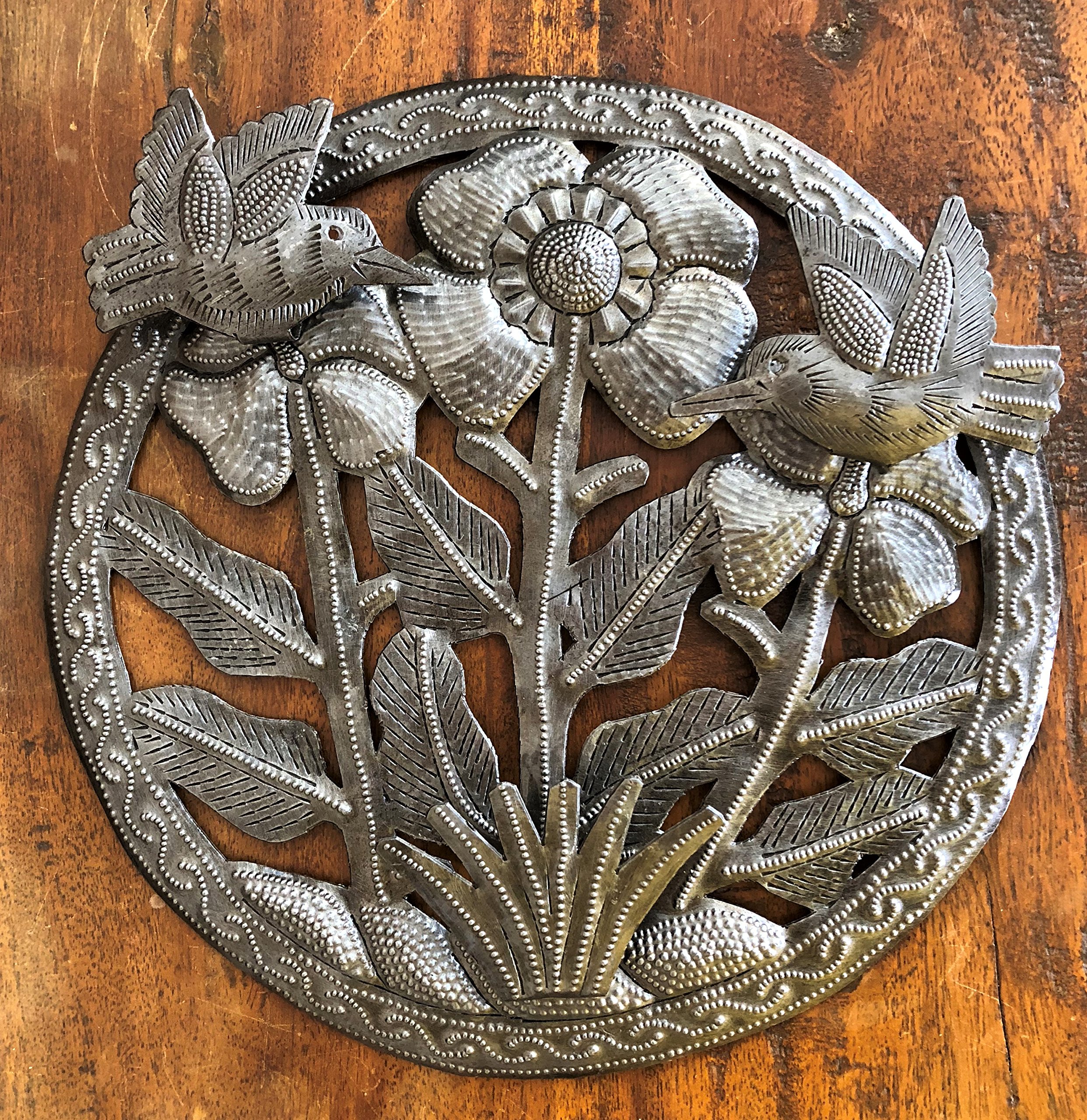 It's Cactus Small Floral Garden Decor, Wall Plaque, Hummingbirds and Flowers, Haitian Metal Art, 10 Inches Round