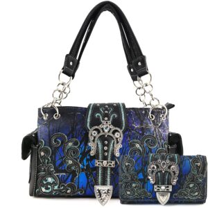 justin west camouflage tree bling rhinestone angel wing cross shoulder concealed carry handbag purse (blue handbag wallet set)