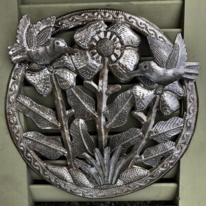 It's Cactus Small Floral Garden Decor, Wall Plaque, Hummingbirds and Flowers, Haitian Metal Art, 10 Inches Round