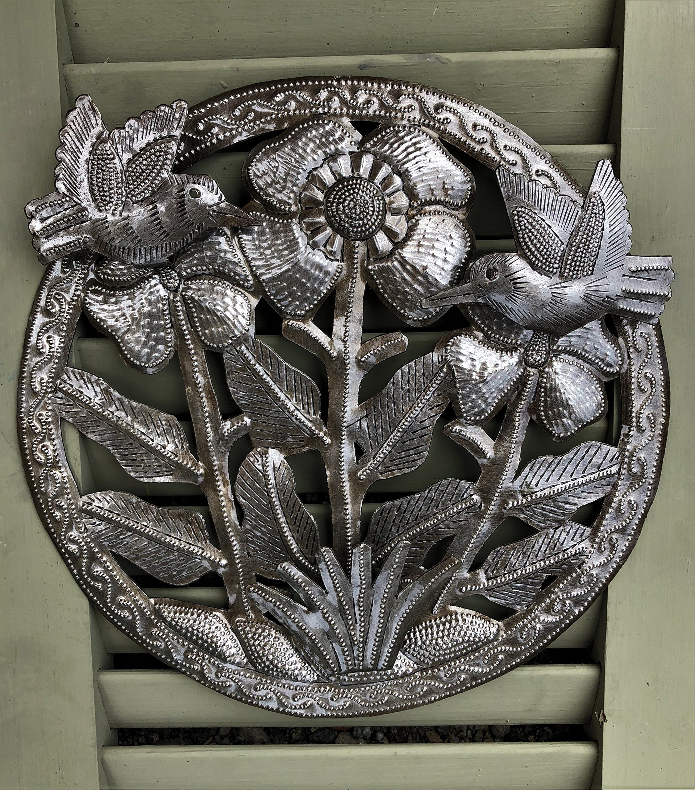 It's Cactus Small Floral Garden Decor, Wall Plaque, Hummingbirds and Flowers, Haitian Metal Art, 10 Inches Round