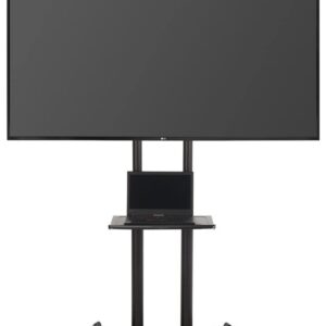 Displays2go Commercial Flat Screen TV Holder, Locking Wheels, Media Shelf, Aluminum Construction – Black (EM6580BK)