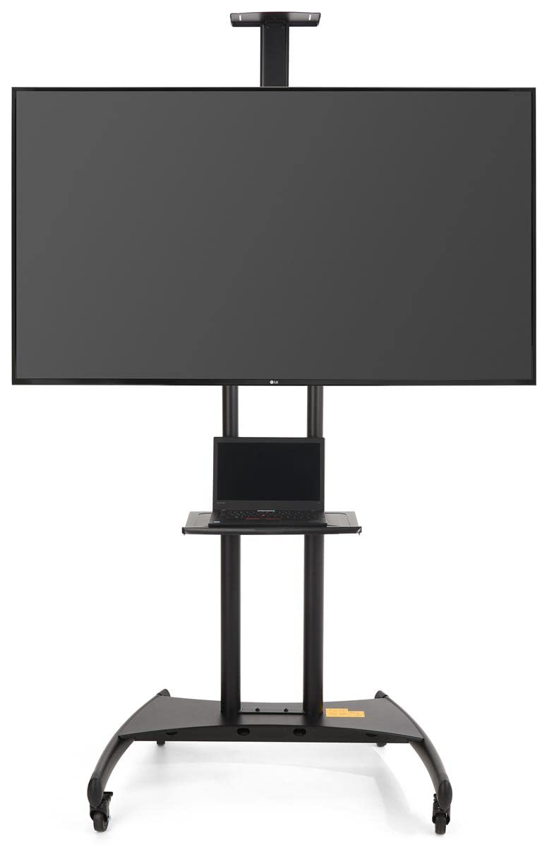 Displays2go Commercial Flat Screen TV Holder, Locking Wheels, Media Shelf, Aluminum Construction – Black (EM6580BK)