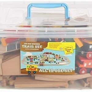 On Track USA Wooden Train Set 100 Piece All in One Wooden Toy Train Tracks Set with Magnetic Trains and Railway Accessories, Comes in A Clear Container, Compatible with All Major Brands