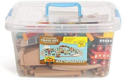 On Track USA Wooden Train Set 100 Piece All in One Wooden Toy Train Tracks Set with Magnetic Trains and Railway Accessories, Comes in A Clear Container, Compatible with All Major Brands