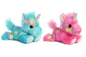 aurora bundle of 2 stuffed beanbag animals - blueberry ripple unicorn & jelly roll unicorn, blue/pink, multicolor