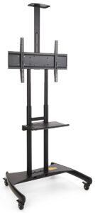 displays2go commercial flat screen tv holder, locking wheels, media shelf, aluminum construction – black (em6580bk)