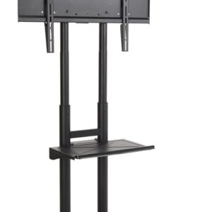 Displays2go Commercial Flat Screen TV Holder, Locking Wheels, Media Shelf, Aluminum Construction – Black (EM6580BK)