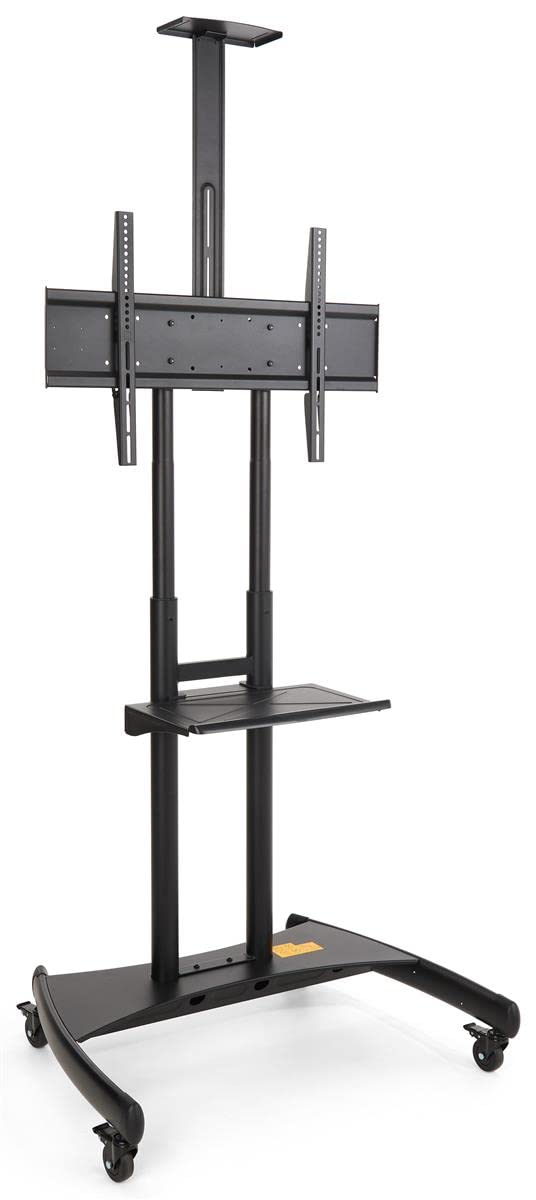 Displays2go Commercial Flat Screen TV Holder, Locking Wheels, Media Shelf, Aluminum Construction – Black (EM6580BK)