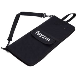 rayzm drum stick bag with an external pocket, standard nylon stick bag with a carry handle and floor tom hooks, inside 4 slots holds up to 12 pairs of drumsticks,water resistant nylon