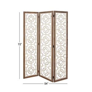 Deco 79 Wood Geometric Partition Room Divider Screen Hinged Foldable Partition 3 Panel Privacy Screen with Intricately Carved Designs, Room Partition 54" x 1" x 72", White