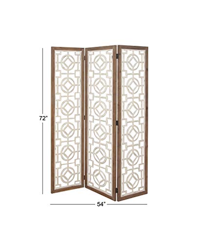 Deco 79 Wood Geometric Partition Room Divider Screen Hinged Foldable Partition 3 Panel Privacy Screen with Intricately Carved Designs, Room Partition 54" x 1" x 72", White