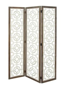 deco 79 wood geometric partition room divider screen hinged foldable partition 3 panel privacy screen with intricately carved designs, room partition 54" x 1" x 72", white