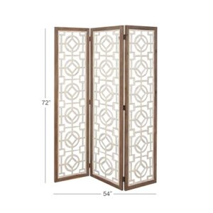 Deco 79 Wood Geometric Partition Room Divider Screen Hinged Foldable Partition 3 Panel Privacy Screen with Intricately Carved Designs, Room Partition 54" x 1" x 72", White