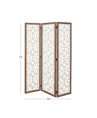 Deco 79 Wood Geometric Partition Room Divider Screen Hinged Foldable Partition 3 Panel Privacy Screen with Intricately Carved Designs, Room Partition 54" x 1" x 72", White