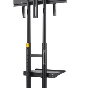 Displays2go Commercial Flat Screen TV Holder, Locking Wheels, Media Shelf, Aluminum Construction – Black (EM6580BK)