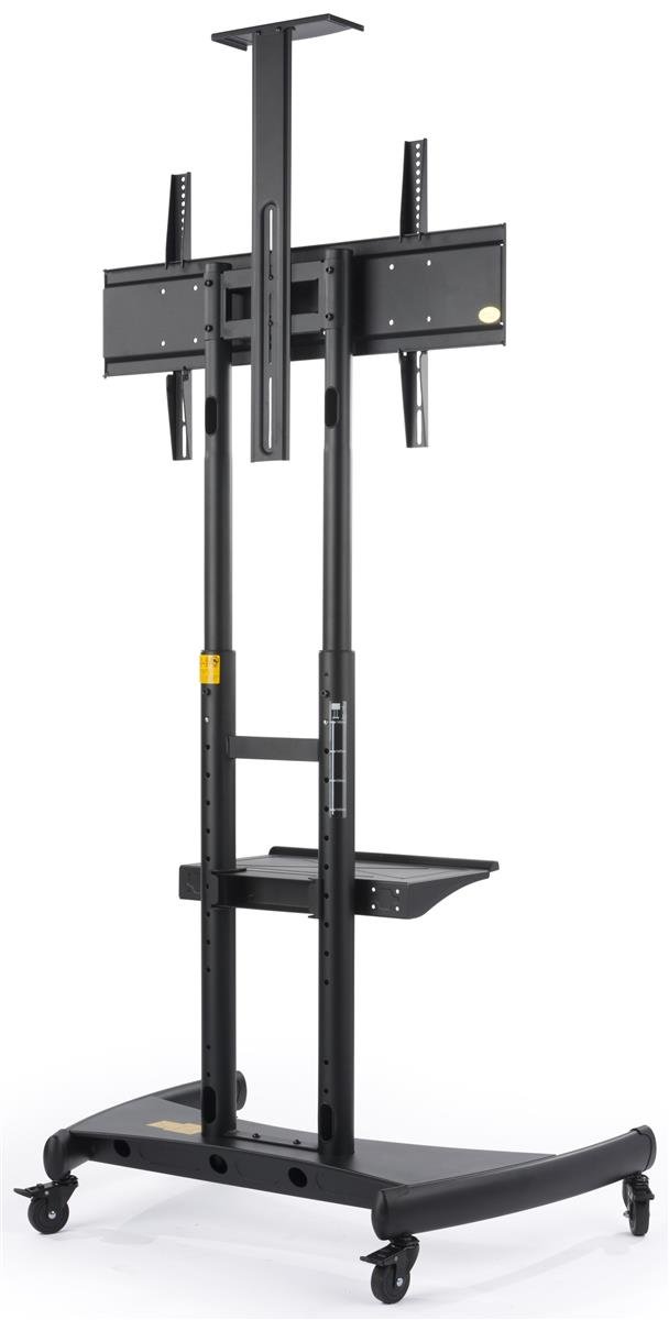 Displays2go Commercial Flat Screen TV Holder, Locking Wheels, Media Shelf, Aluminum Construction – Black (EM6580BK)