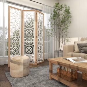 Deco 79 Wood Geometric Partition Room Divider Screen Hinged Foldable Partition 3 Panel Privacy Screen with Intricately Carved Designs, Room Partition 54" x 1" x 72", White