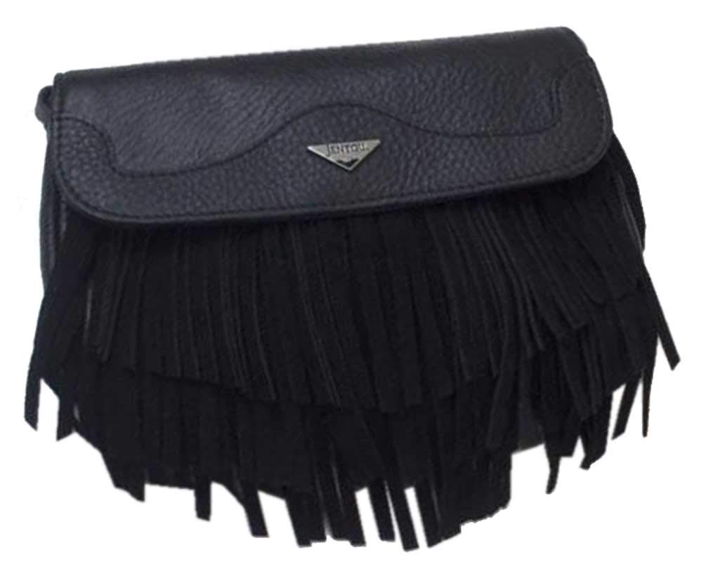 JENTOU Women's Kristin Full-Grain Leather Fringe Crossbody Purse JEN89287-BLACK