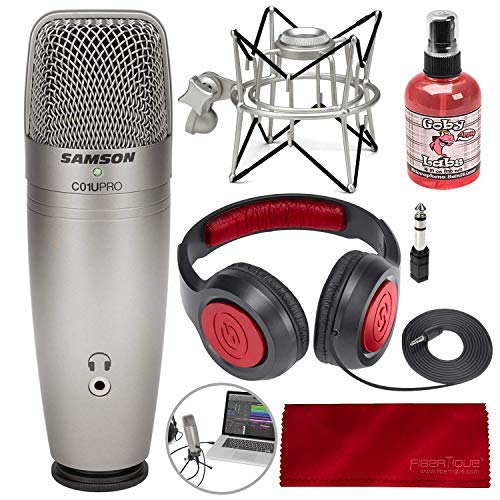 Samson C01U Pro USB Studio Condenser Microphone W/Spider Shock Mount, Microphone sanitizer, Samson Stereo Headphones and FiberTique Cleaning Cloth