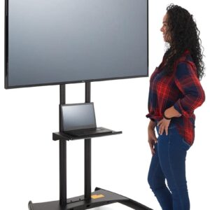 Displays2go Commercial Flat Screen TV Holder, Locking Wheels, Media Shelf, Aluminum Construction – Black (EM6580BK)