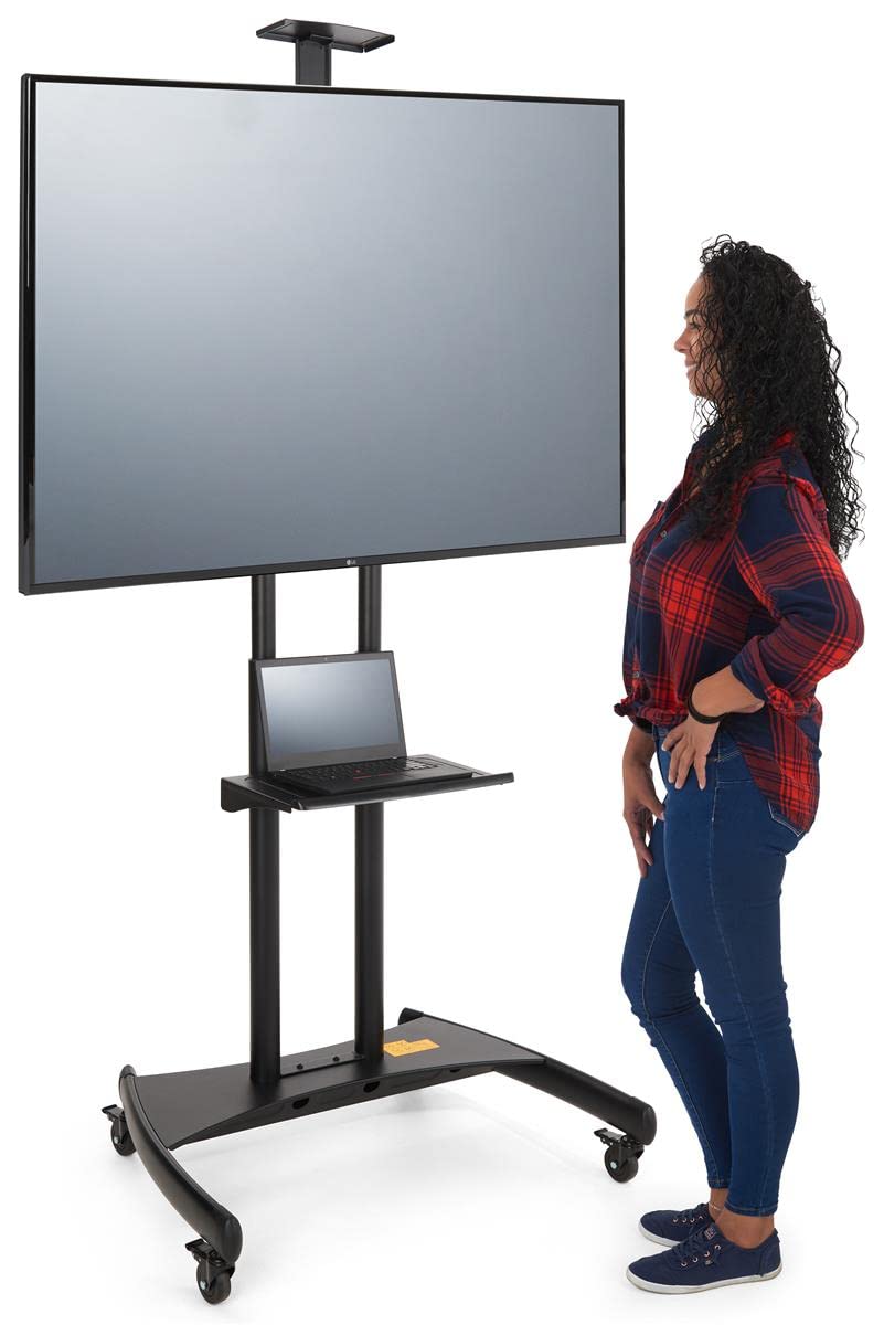 Displays2go Commercial Flat Screen TV Holder, Locking Wheels, Media Shelf, Aluminum Construction – Black (EM6580BK)