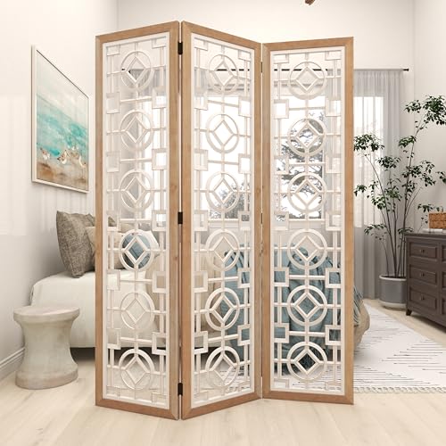 Deco 79 Wood Geometric Partition Room Divider Screen Hinged Foldable Partition 3 Panel Privacy Screen with Intricately Carved Designs, Room Partition 54" x 1" x 72", White