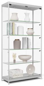 displays2go retail display cabinets with glass shelving, led light, mdf laminate & aluminum – silver (lesc10478s)