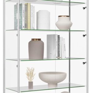 Displays2go Retail Display Cabinets with Glass Shelving, LED Light, MDF Laminate & Aluminum – Silver (LESC10478S)