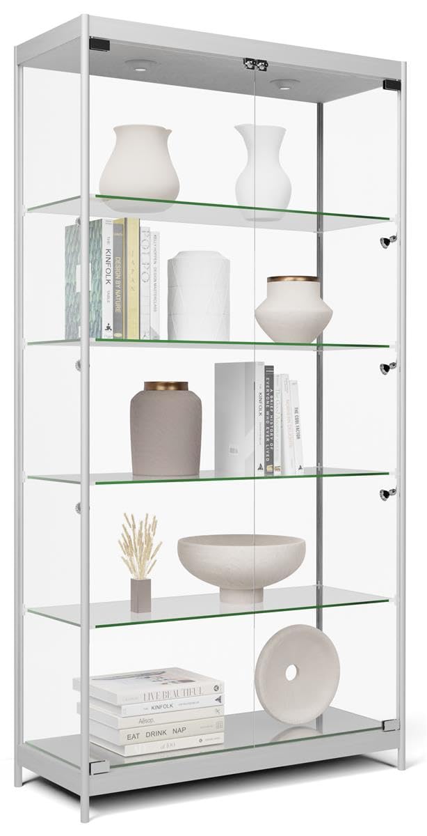 Displays2go Retail Display Cabinets with Glass Shelving, LED Light, MDF Laminate & Aluminum – Silver (LESC10478S)