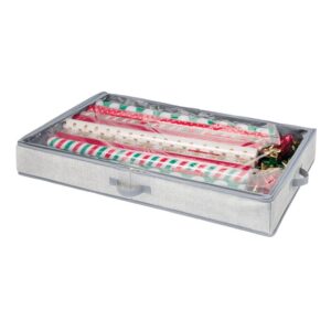 mDesign Soft Fabric Gift Wrap Storage Organizer Holder Box - Low Profile, Easy-View Clear Top Panel, Attached 2-Way Zippered Lid, Side Handles, Stores Long Rolls of Gift Wrap - Gray