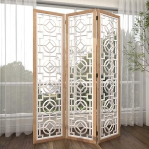 Deco 79 Wood Geometric Partition Room Divider Screen Hinged Foldable Partition 3 Panel Privacy Screen with Intricately Carved Designs, Room Partition 54" x 1" x 72", White