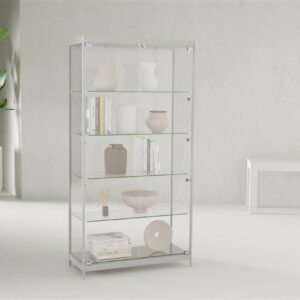 Displays2go Retail Display Cabinets with Glass Shelving, LED Light, MDF Laminate & Aluminum – Silver (LESC10478S)