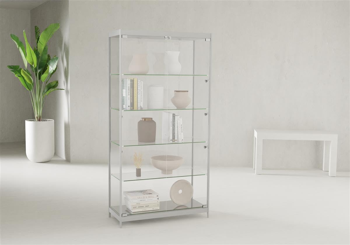 Displays2go Retail Display Cabinets with Glass Shelving, LED Light, MDF Laminate & Aluminum – Silver (LESC10478S)