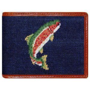 trout and fly needlepoint wallet in navy by smathers & branson