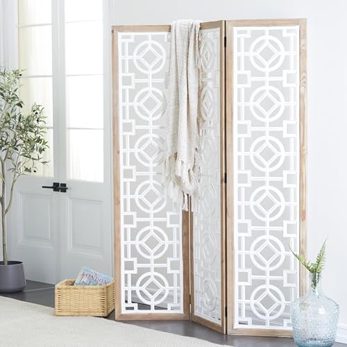 Deco 79 Wood Geometric Partition Room Divider Screen Hinged Foldable Partition 3 Panel Privacy Screen with Intricately Carved Designs, Room Partition 54" x 1" x 72", White