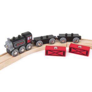 hape steam-era freight train | classic black & red children’s locomotive toy with unloadable freight wagons