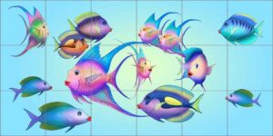 ceramic tile mural backsplash - undersea art - fun fish by david miller - kitchen bathroom shower (48" x 24" - 8" tiles)